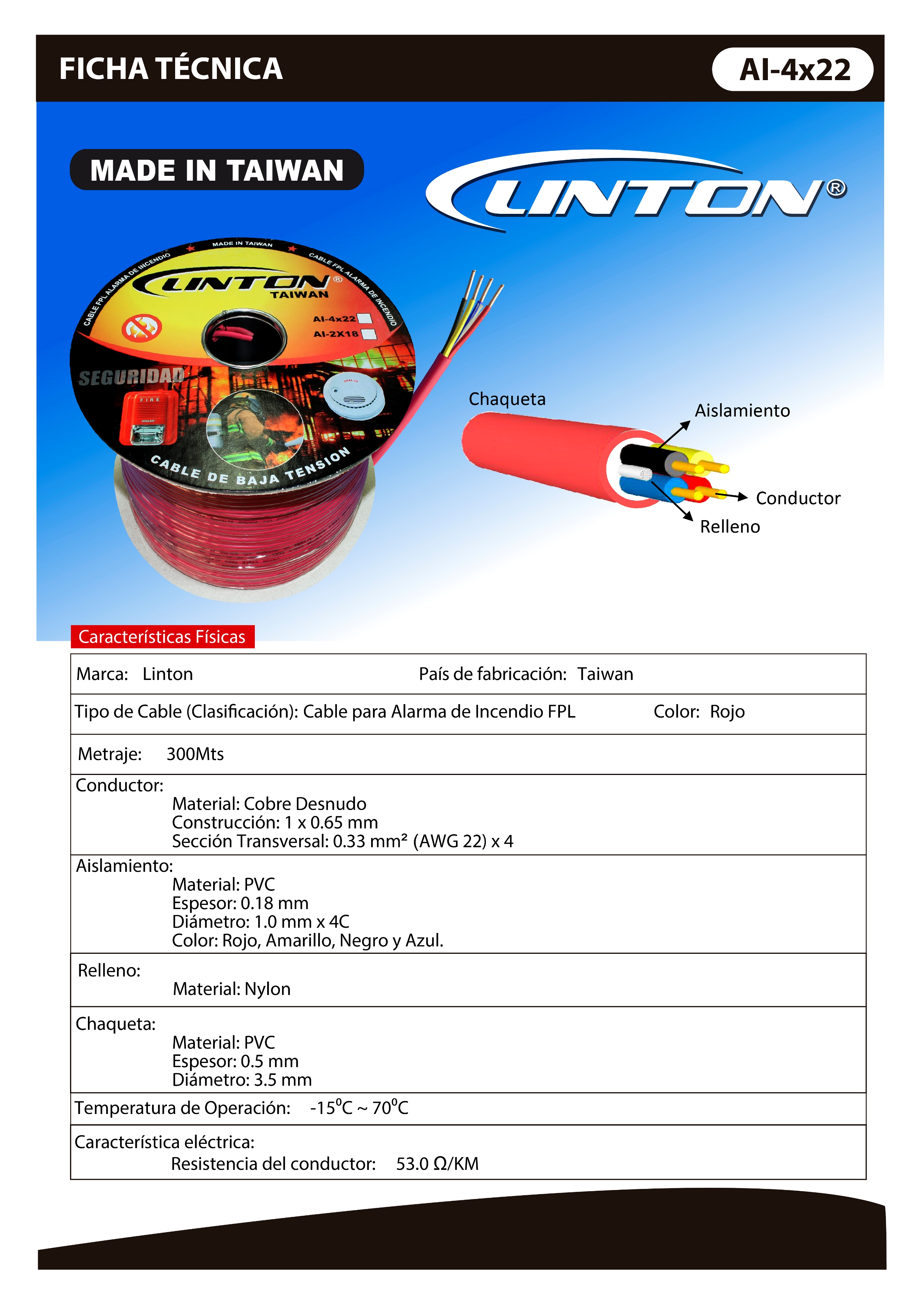 Electrónica: CABLE P/ALARMA DE INCENDIO "LINTON" 4X22AWG FPL SOLIDO 300 ...